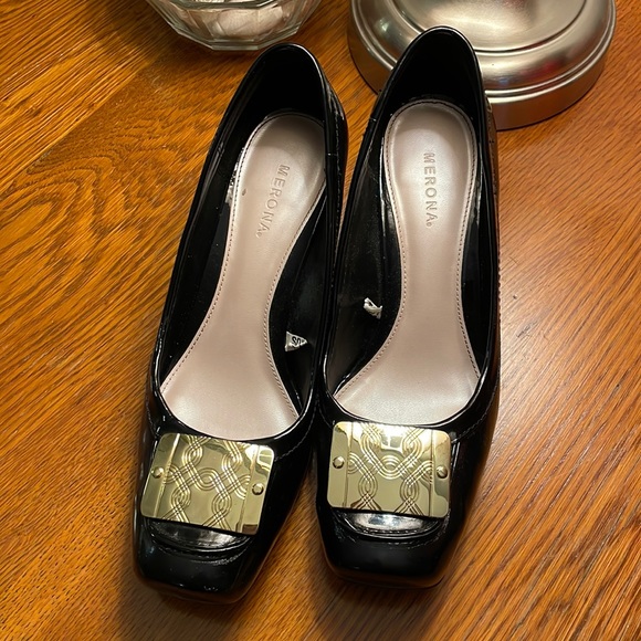 Merona | Shoes | Merona Black Patent Heels With Gold Accents | Poshmark